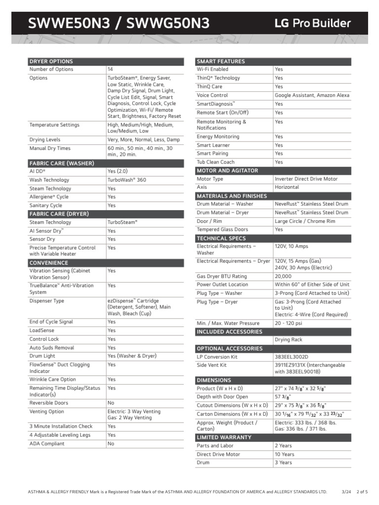 WASHER DRYER SWWE50N3 - SWWG50N3 - LG - Builder - Spec - Sheet2 | PDF ...