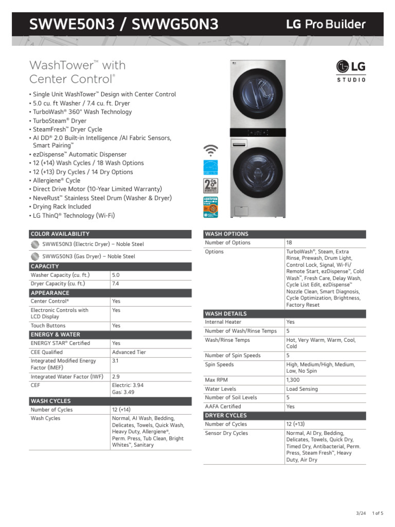 WASHER DRYER SWWE50N3 - SWWG50N3 - LG - Builder - Spec - Sheet | PDF ...