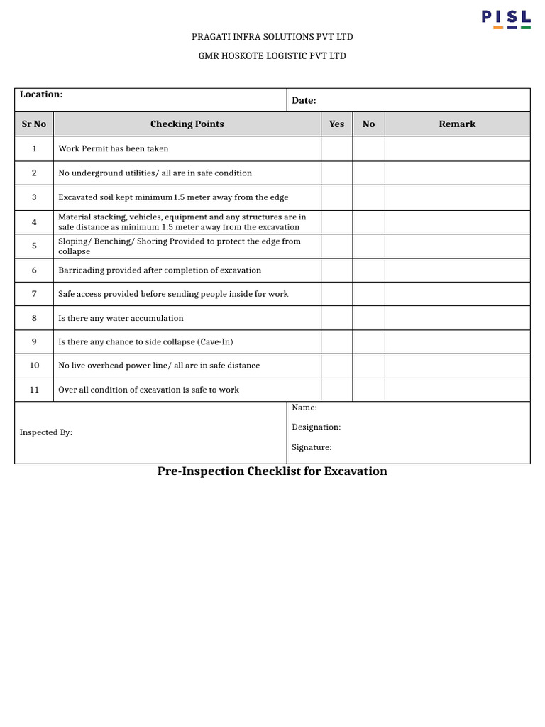 Pre Inspection For Excavation Checklist | PDF