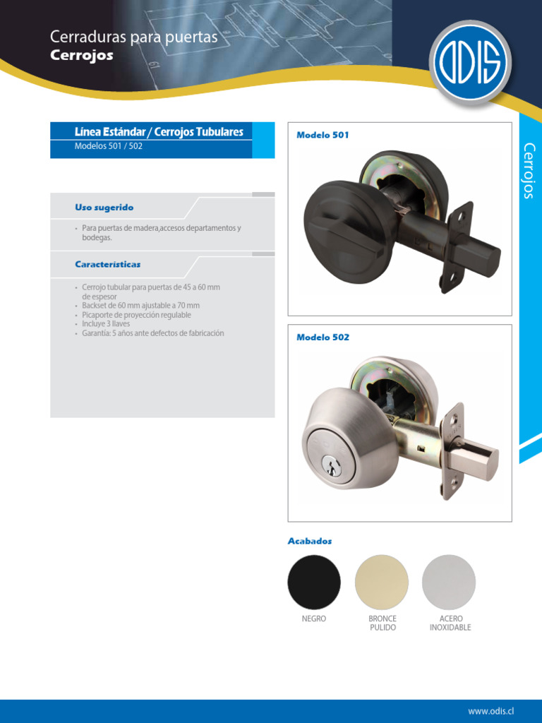 Cerrojos Tubulares Odis: Modelos 501/502 | PDF | Seguridad física | Ingeniería de seguridad