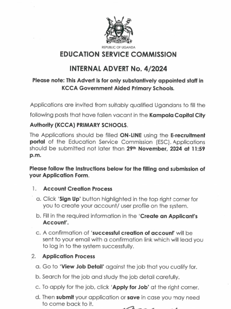 Internal Advert No. 4 of 2024 For KCCA PRimary School | PDF