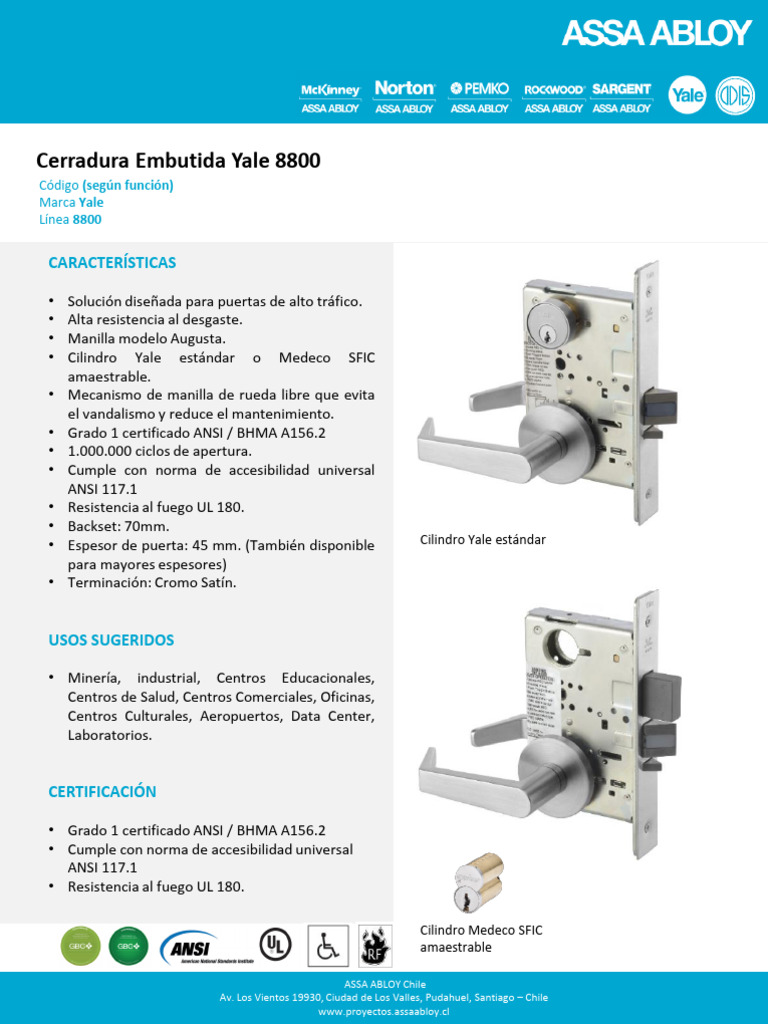 Cerradura Embutida Yale 8800 | PDF