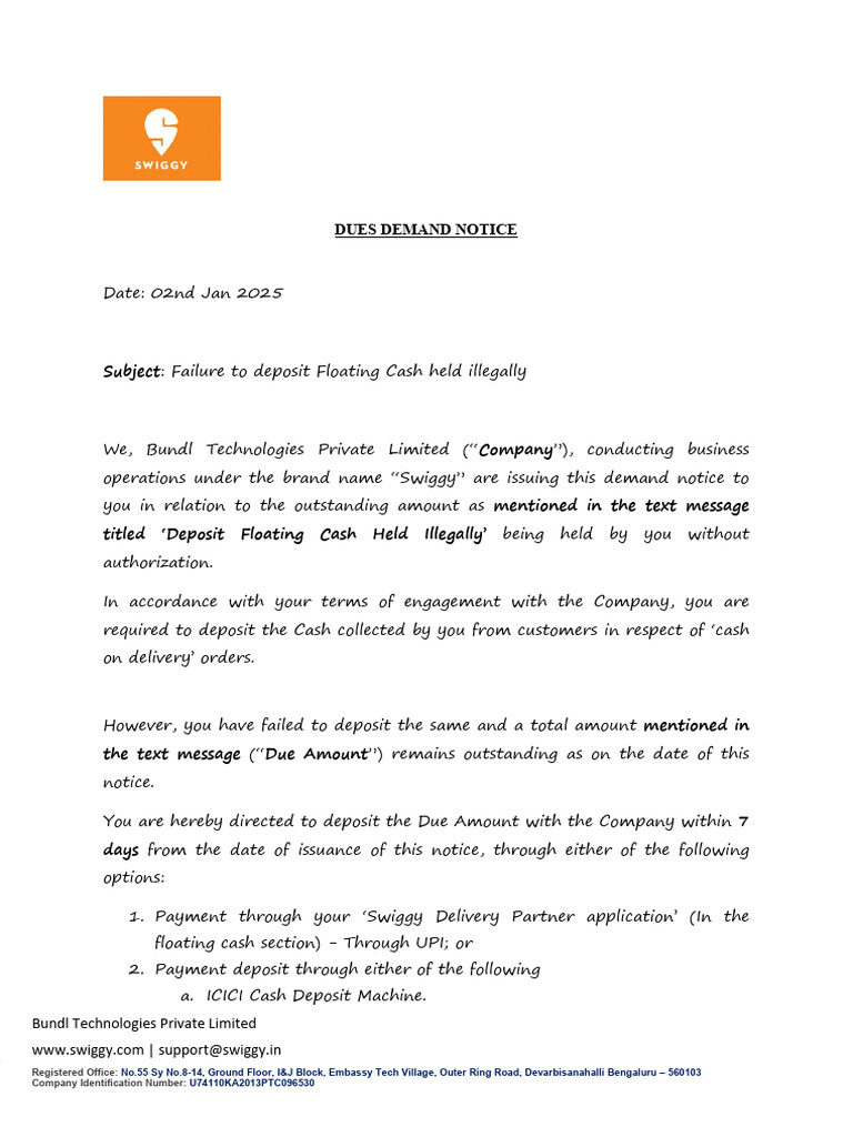 Swiggy Floating Cash Demand Notice | PDF