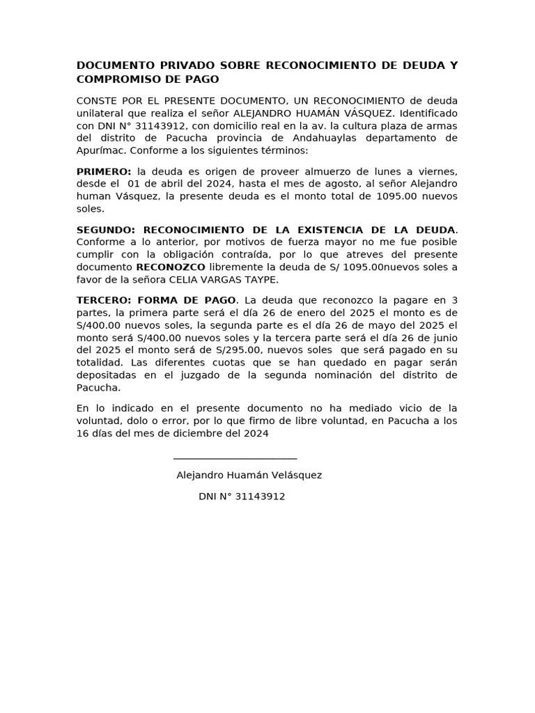 Documento Privado Sobre Reconocimiento de Deuda y Compromiso de Pago | PDF