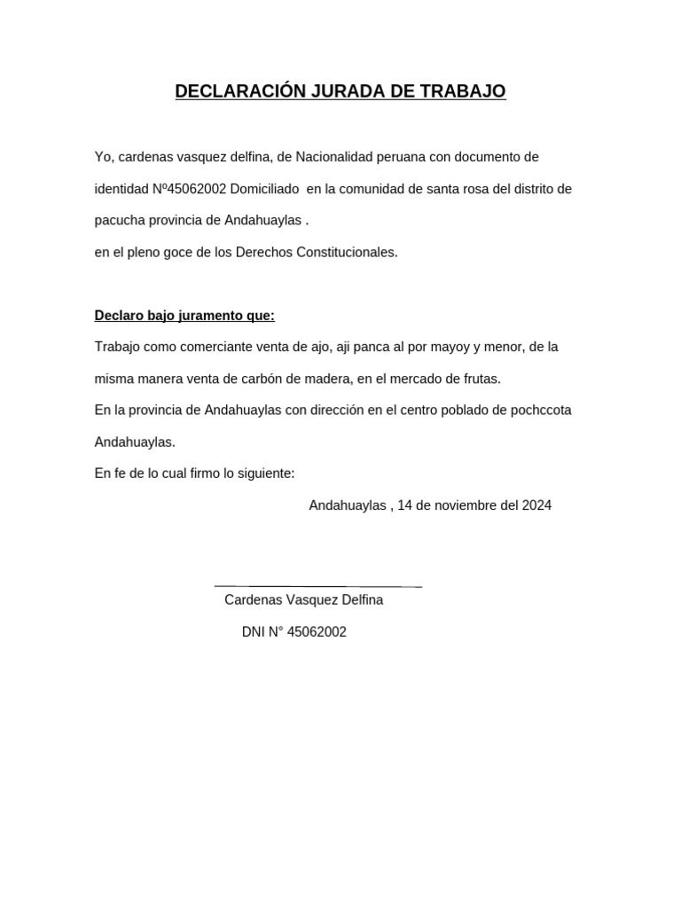 FORMATO - Declar - Jurada - Trabajo | PDF