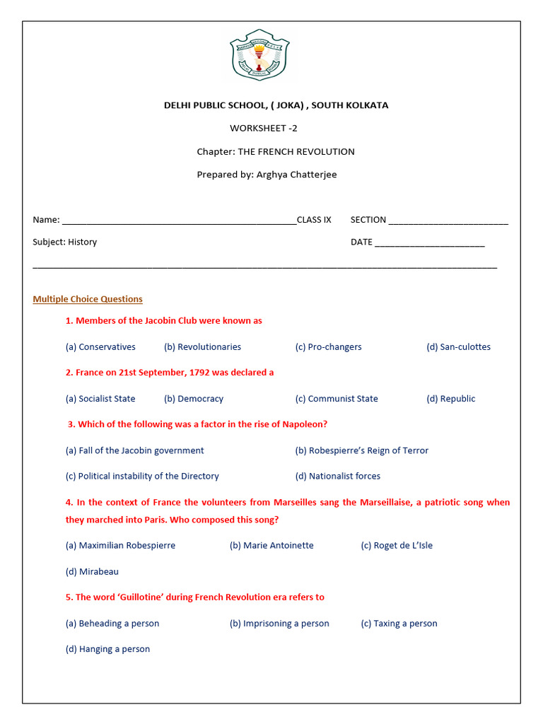 Class IX History Worksheet 2 - French Revolution | PDF | French ...