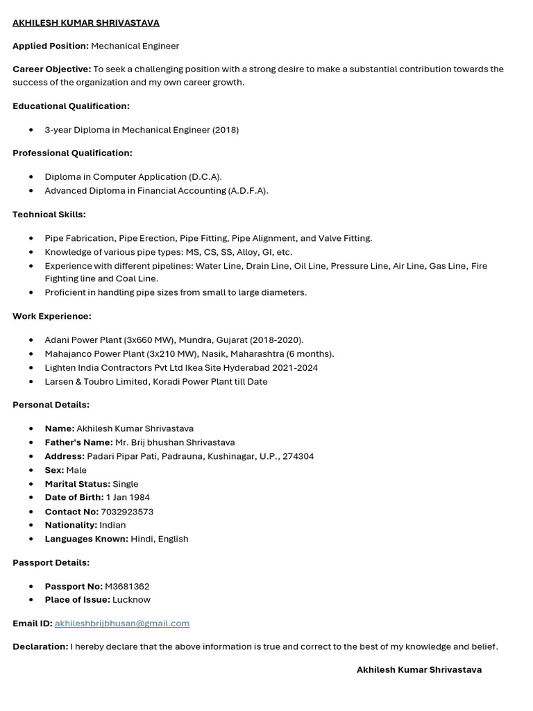 Akhilesh Kumar Shrivastava Applied Position Fitter (Piping) | PDF