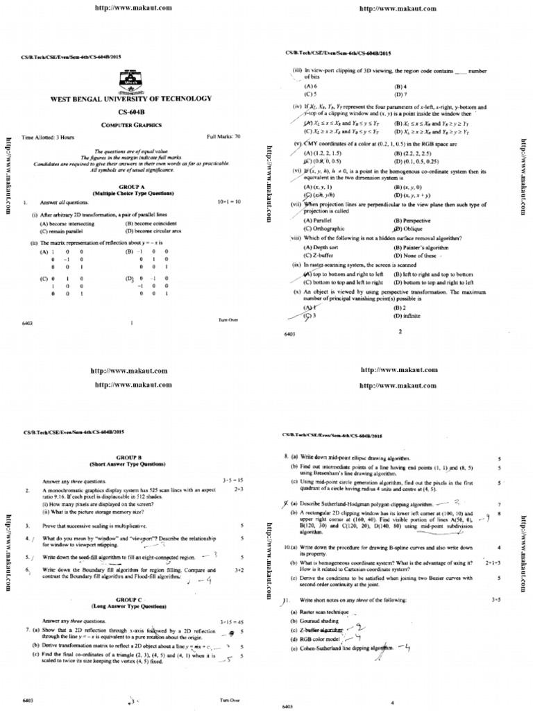 Btech Cse 6 Sem Computer Graphics 2015 | PDF