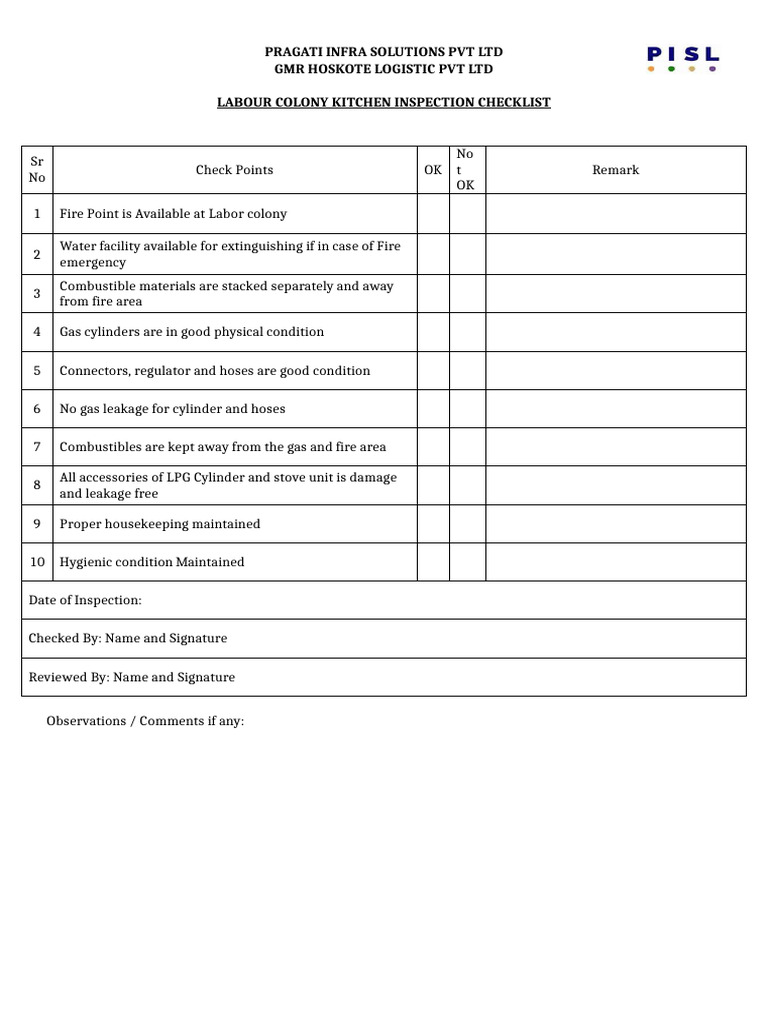 Labour Clolony Weekly Checklist | PDF