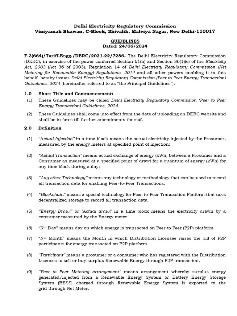 DERC Peer To Peer Energy Transaction Guidelines 2024 - 24.06.2024 | PDF | Electric Power | Power ...