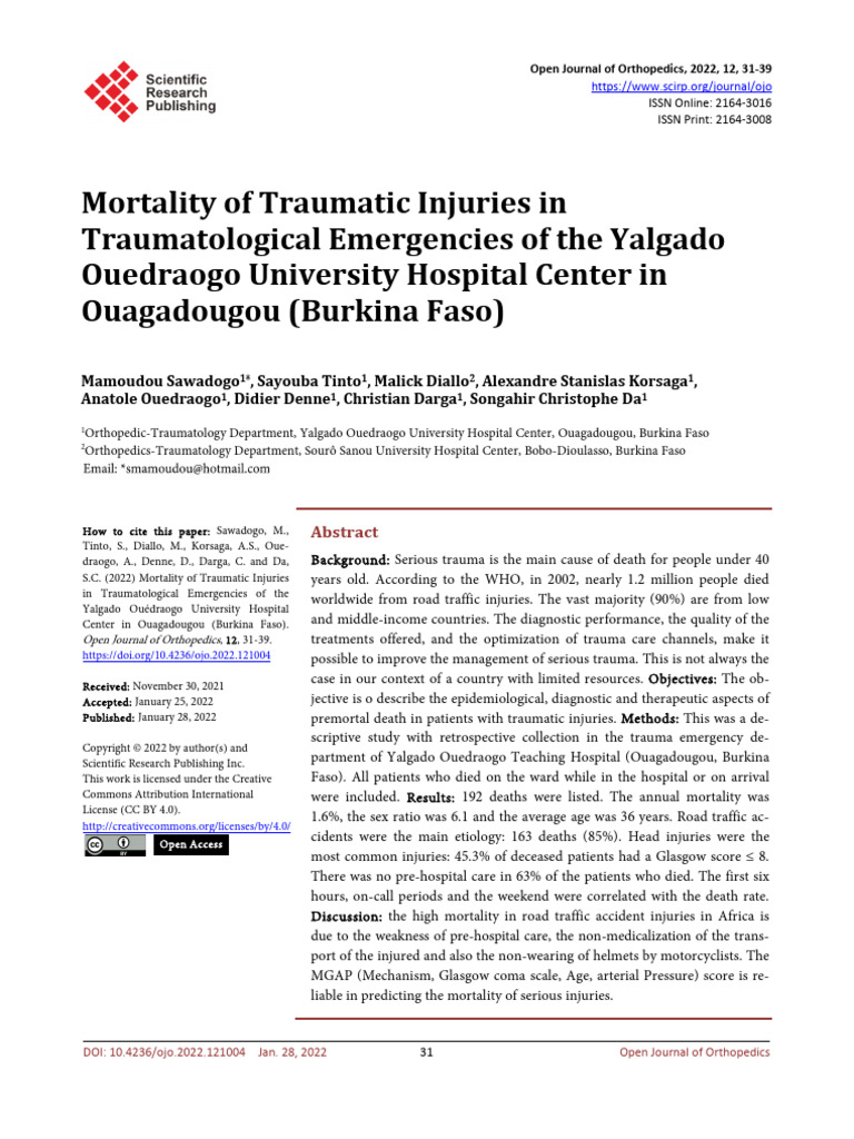 Mortality of Traumatic Injuries in Traumatological | PDF | Major Trauma ...