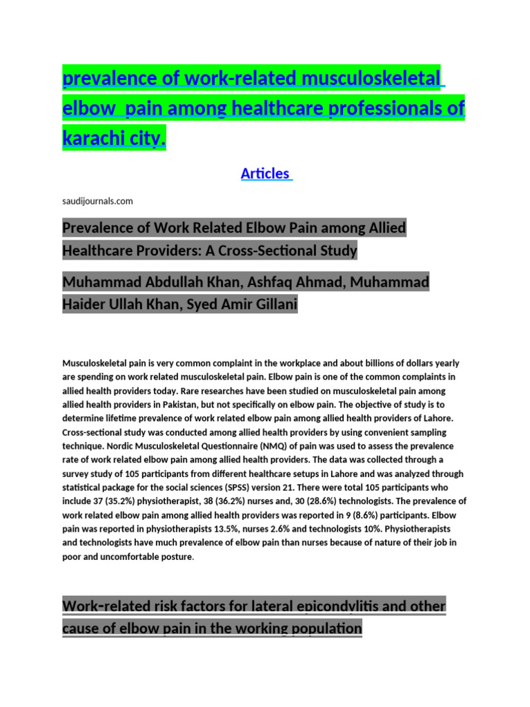 Prevalence of Work Related Elbow Pain | PDF | Physical Therapy ...
