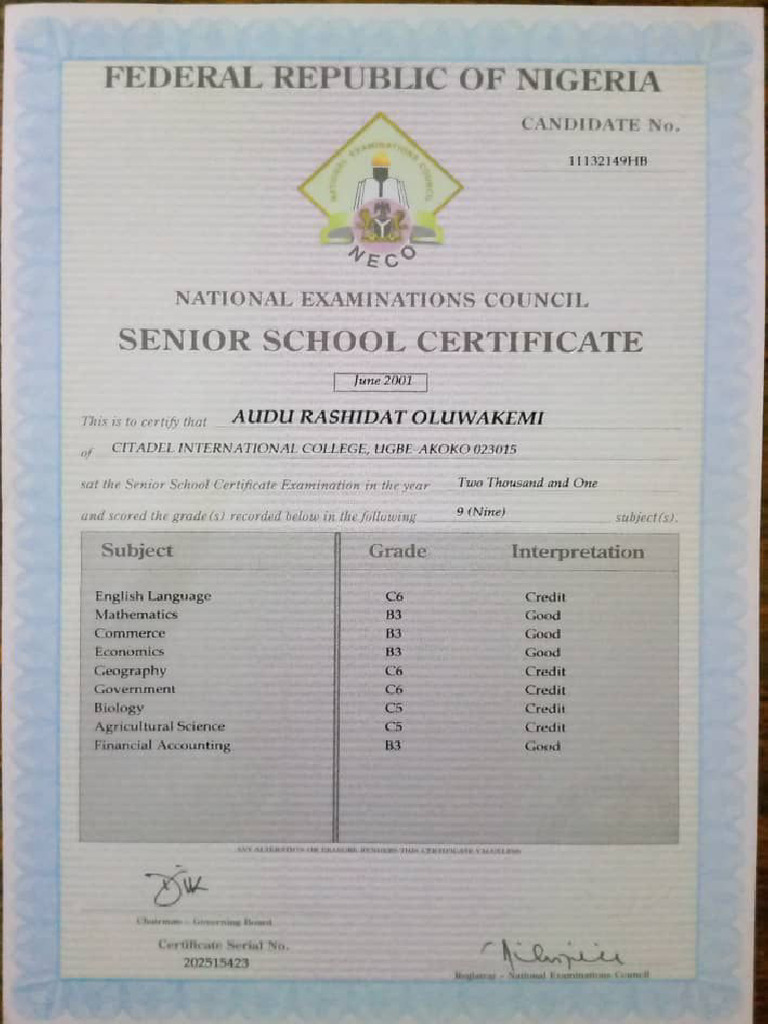 NECO Certificate | PDF