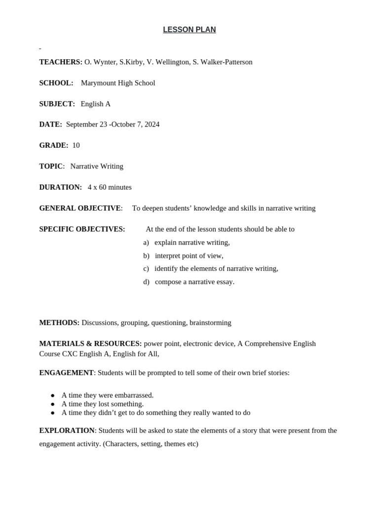 Narrative Writing Plan. G10 | PDF | Learning | Human Communication