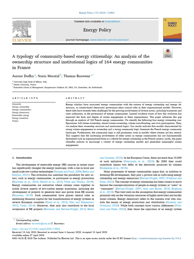 A Typology of Community Based Energy Citizenship An Analysis of - 2023 ...