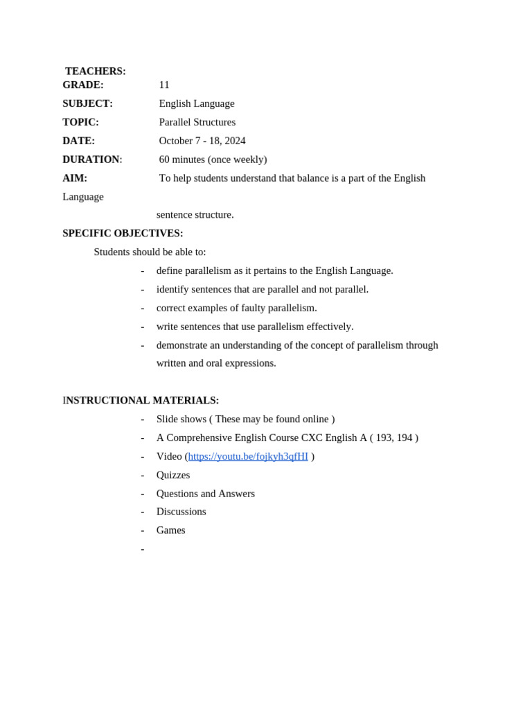 _GRADE 11 Lesson Plan - PARALLELISM | PDF | English Language | Sentence ...