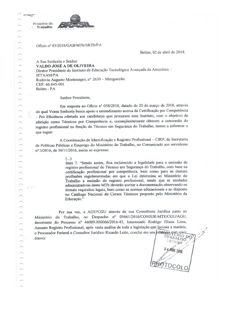 Oficio N 058 Miniterio Do Trabalho e Emprego | PDF