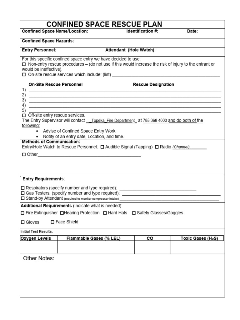 CONFINED SPACE RESCUE PLAN Fillable | PDF | Safety | Occupational Safety And Health