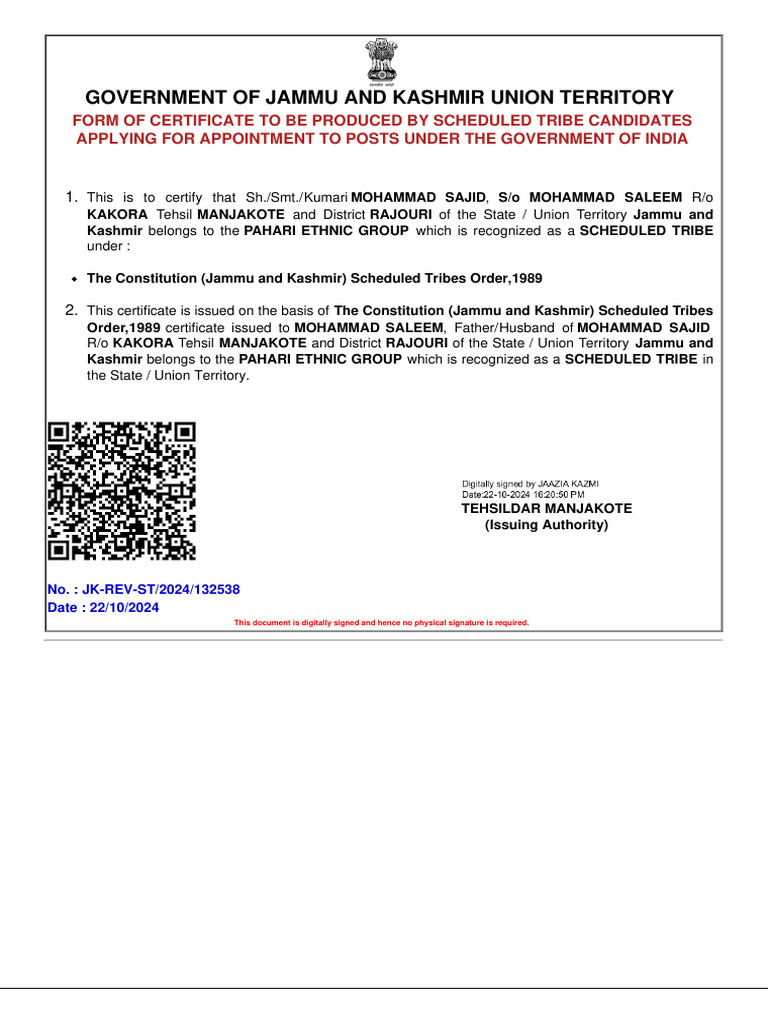 Scheduled Tribe Certificate | PDF