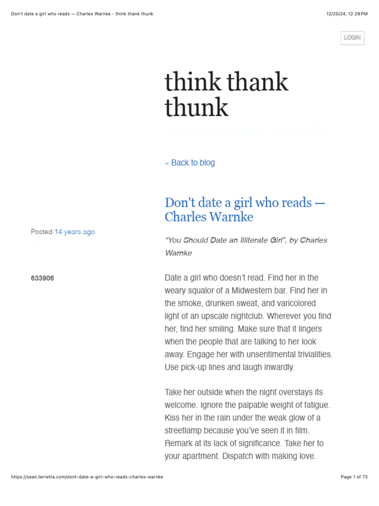 Don't Date A Girl Who Reads - Charles Warnke - Think Thank Thunk | PDF
