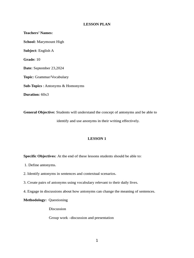 Vocabulary Lesson Plan -Antonyms | PDF | Linguistics | Grammar