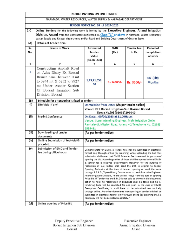 Narmada Water Resources Tender Notice | PDF