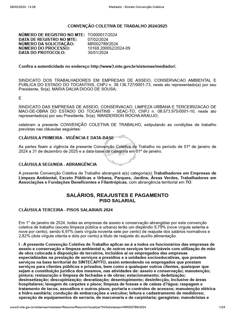 Convenção Coletiva Sind. Asseio e Conservaçao - Tocantins 01-2024 A 12 ...
