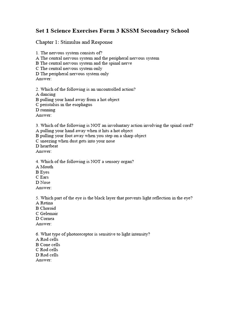 F3 SC Exercise | PDF | Stimulus (Physiology) | Nervous System