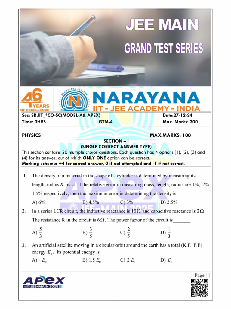 27.12.24 - SR - STAR CO-SC (MODEL-A& APEX) - Jee - Main - GTM-4 - QP | PDF