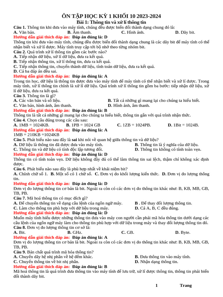 On Tap Gi A HK1 Khoi 10 2023-2024 - HHP | PDF