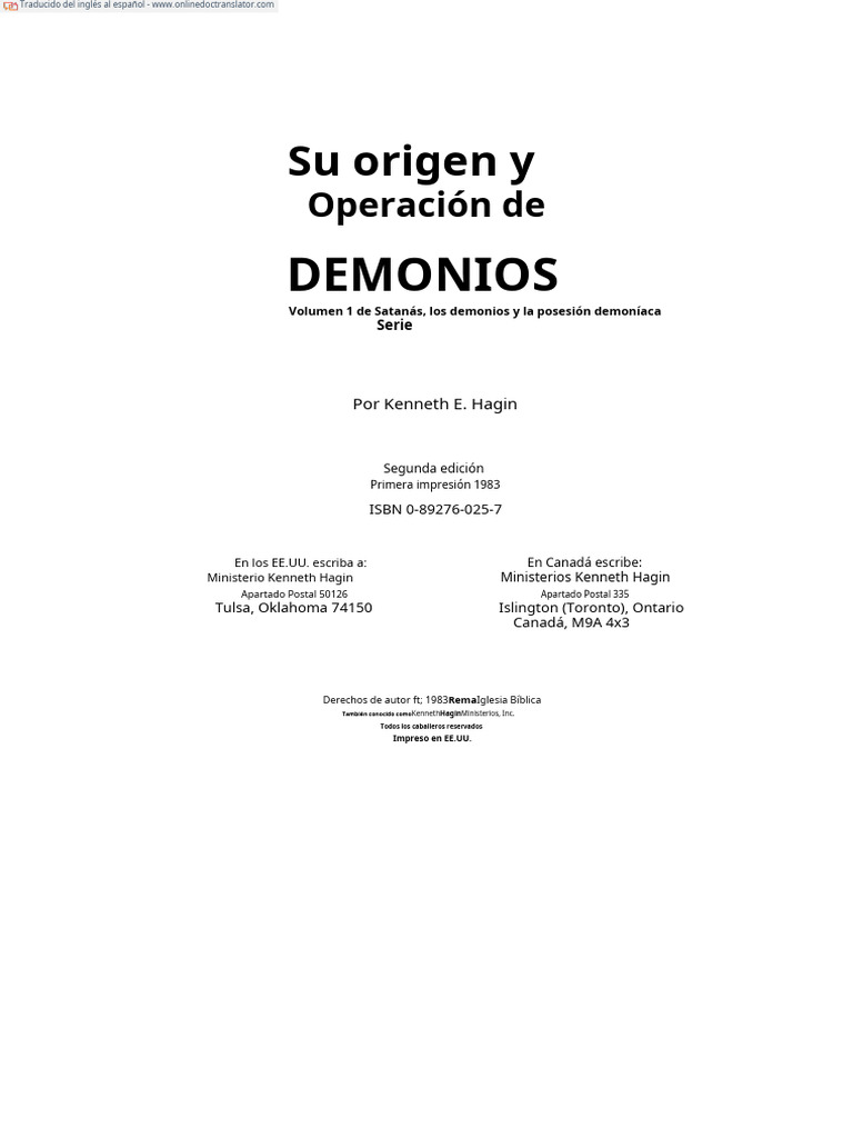 Kenneth e Hagin Demonology 01 the Origin and Operation of Demons.en.Es | PDF | Demonios | Satán
