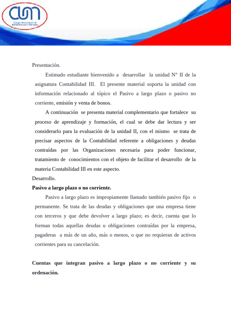 Material Complementario, Unidad #II de La Asignatura Contabilidad III. Pasivo A Largo Plazo y ...