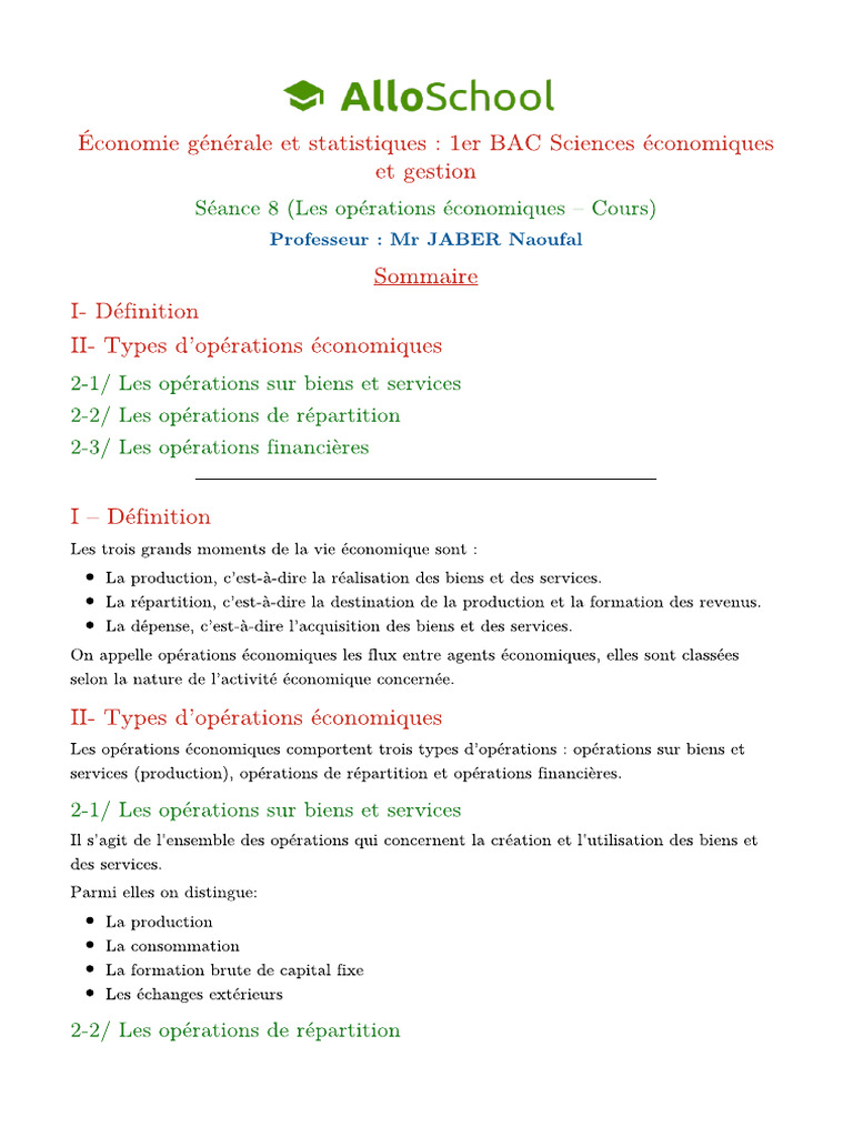 Seance 8 Les Operations Economiques Cours | PDF
