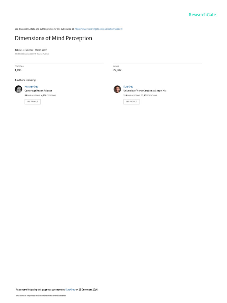 GrayGrayWegner2007DimensionsofMindPerception.science | PDF | Mind ...