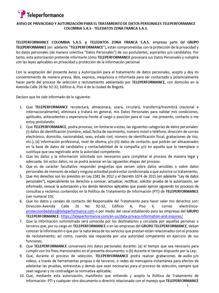 Autorización de Tratamiento de Datos Personales Teleperformance. | PDF | Reclutamiento ...