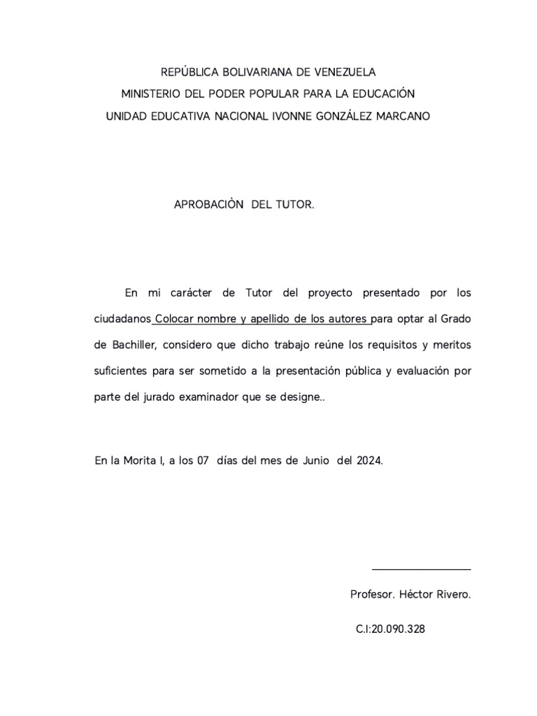 Aprobación Tutor Proyecto Bachillerato | PDF