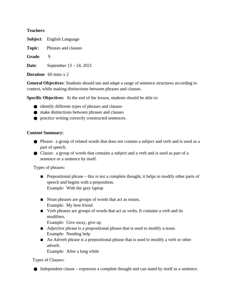 Grade 9 Language Plan (2) | PDF | Verb | Adverb
