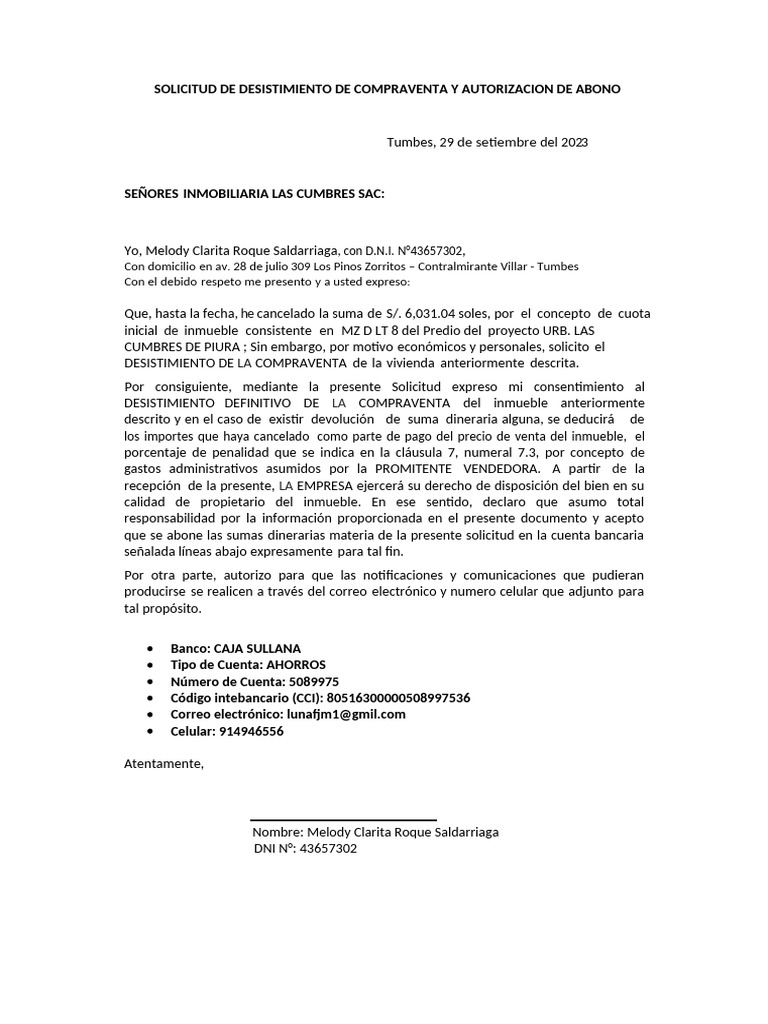 Modelo de Desestimiento de Compraventa Ilc (1) Melody Roque Saldarriaga | PDF