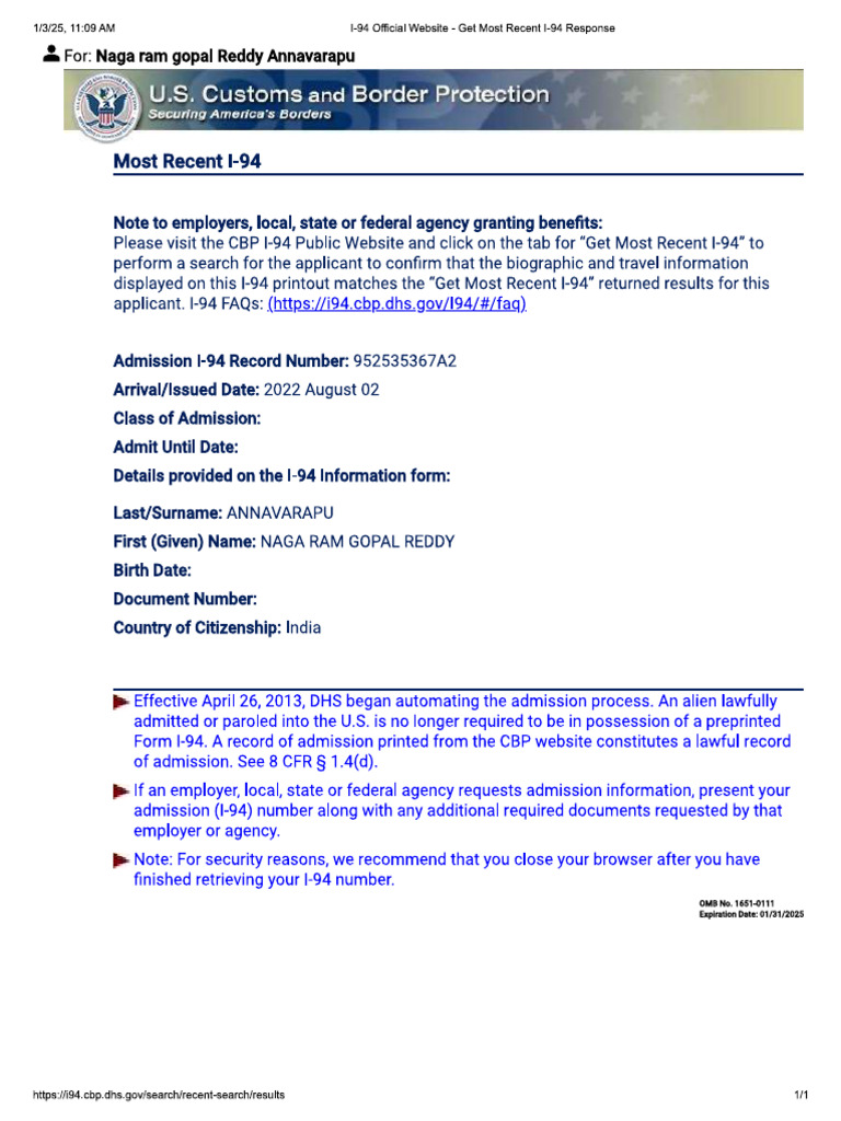 Most Recent I-94 | PDF