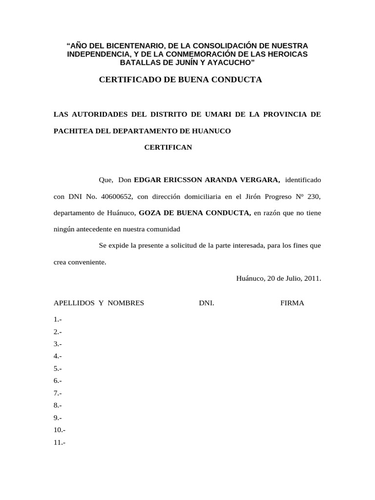 Certificado de Buena Conducta | PDF