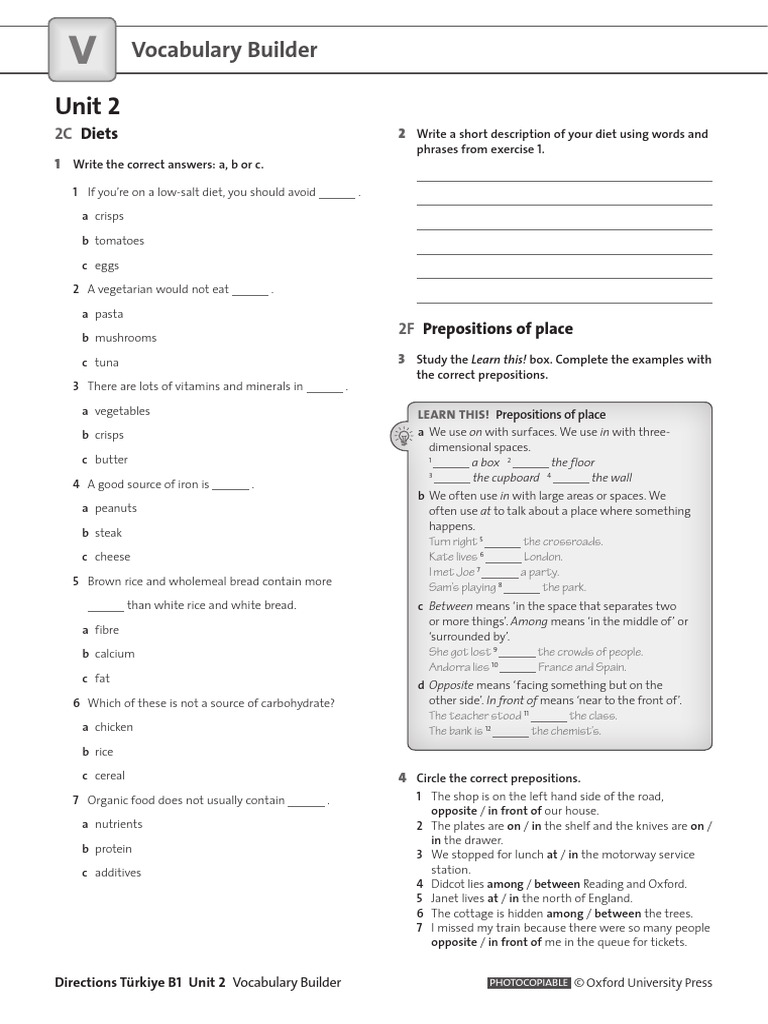 Vocabulary Builder: Diets and Prepositions | PDF | Foods | Nutrition