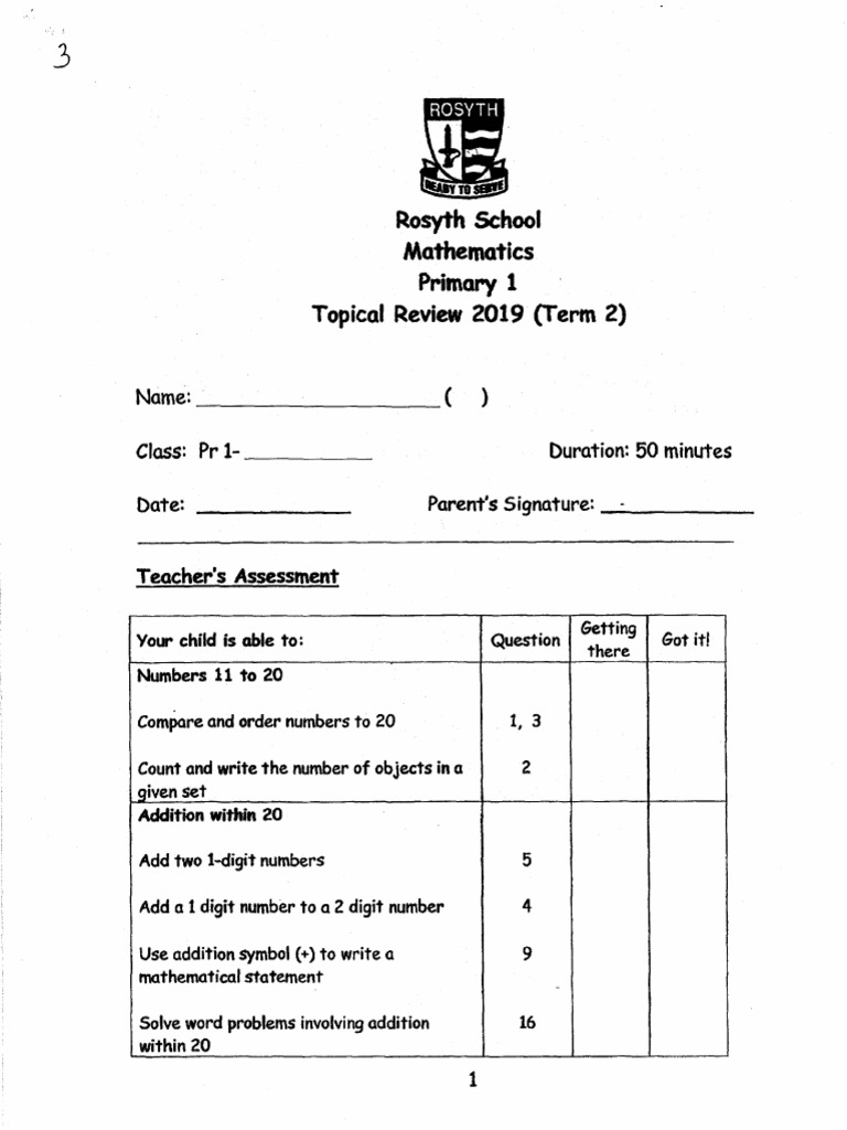 P1 Maths 2019 Rosyth Test1 Papers | PDF