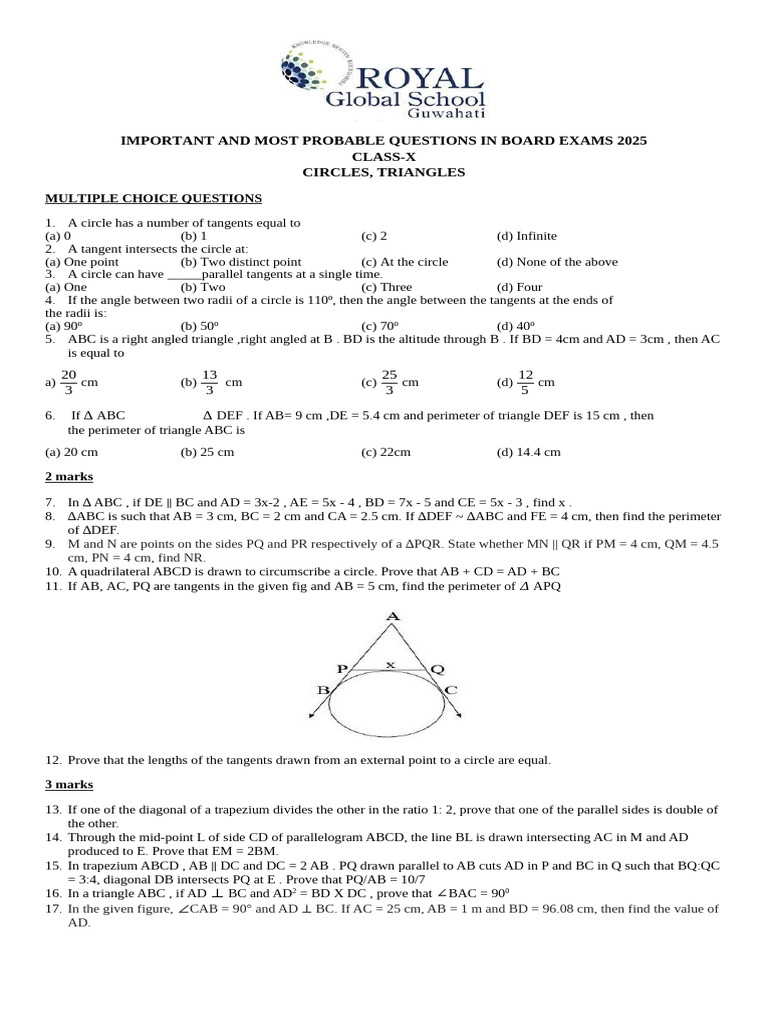 Class 10 Common Questions | PDF | Circle | Triangle