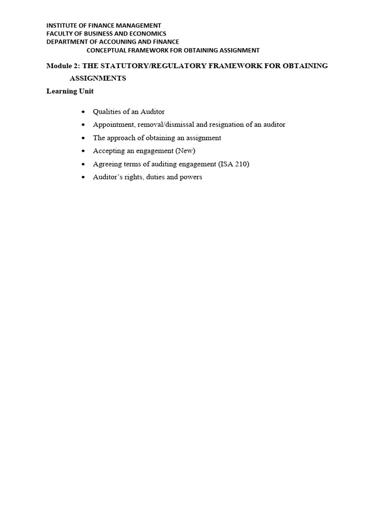 Ifm Regulatory Framework of Obtaining Assignment | PDF | Audit | Accountant