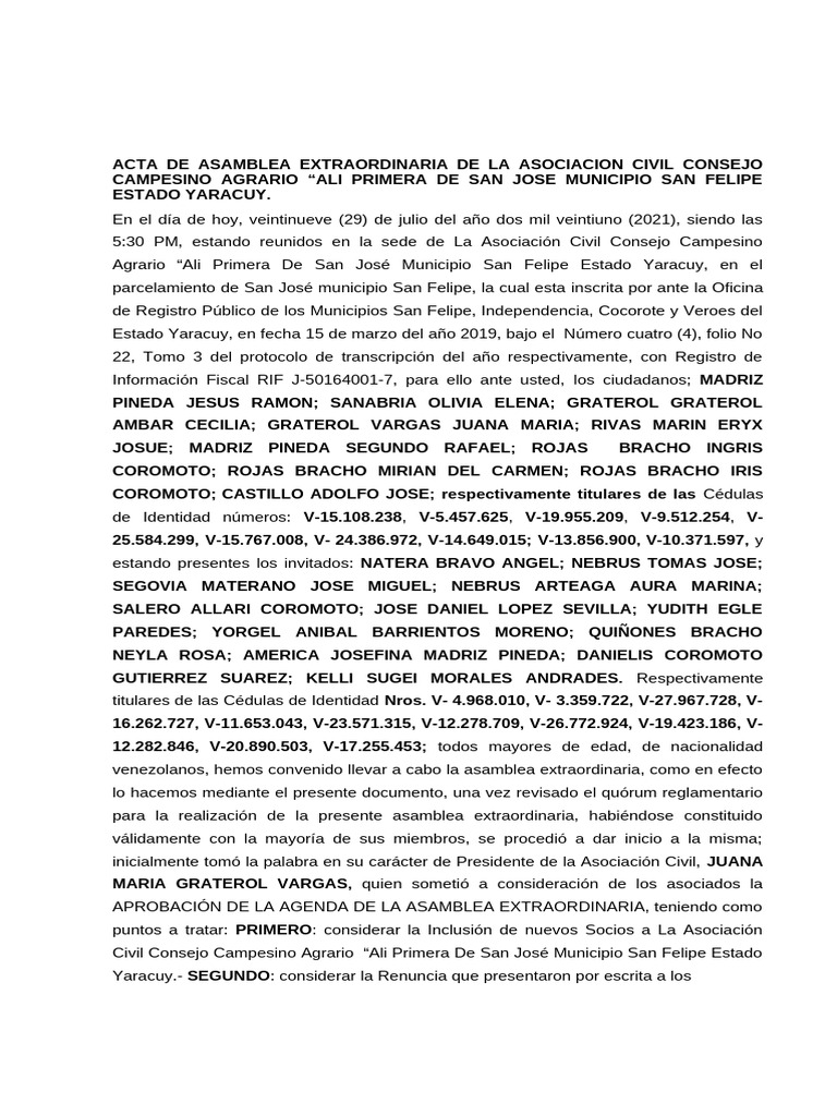 ACTA DE ASAMBLEA EXTRAORDINARIA DE LA ASOCIACION CIVIL CONSEJO CAMPESINO AGRARIO (1) | PDF ...