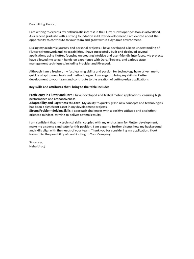 Cover Letter Flutter Developer | PDF