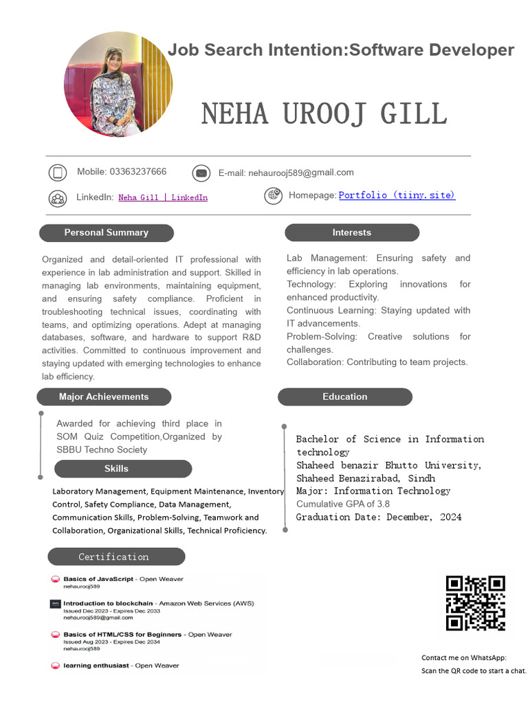 Neha Urooj Gill: Job Search Intention:Software Developer | PDF