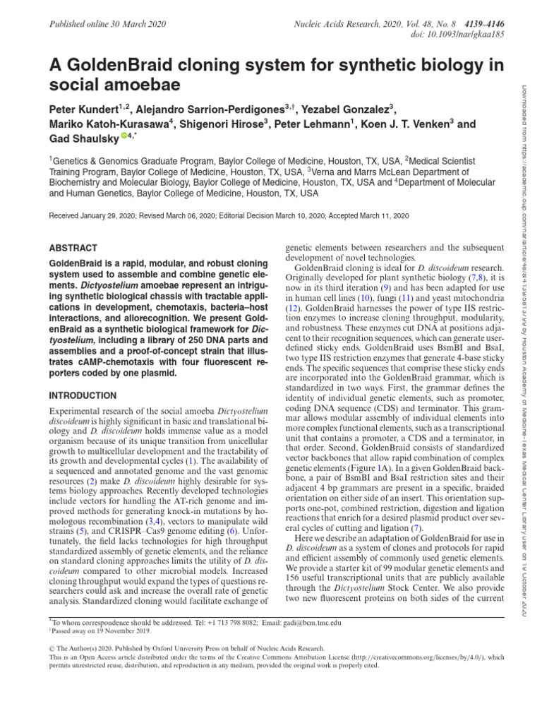 MK 2020 GoldenBraid | PDF | Molecular Cloning | Vector (Molecular Biology)