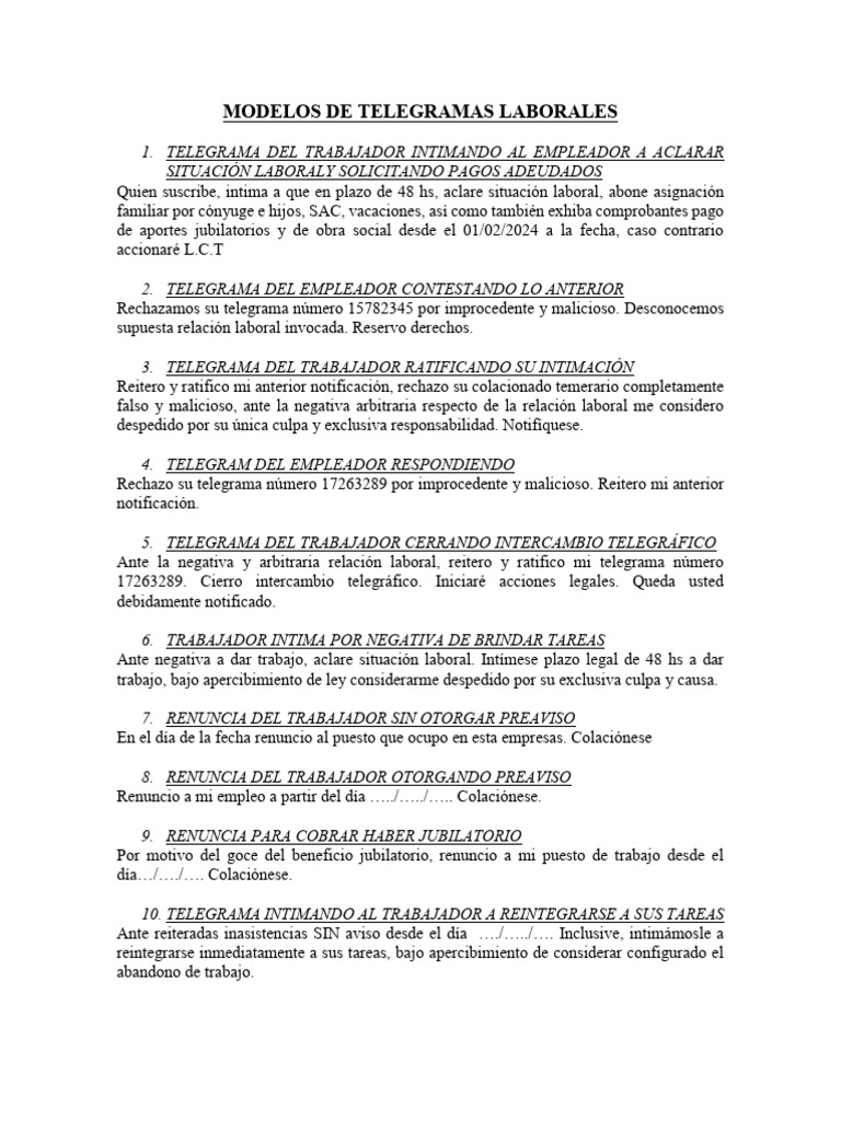 Modelos de Telegramas Laborales | PDF