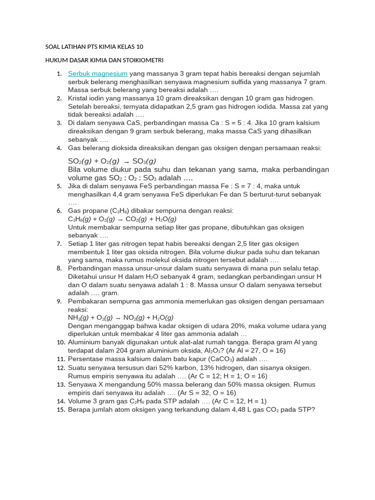 Soal Latihan PTS Kimia 10 | PDF